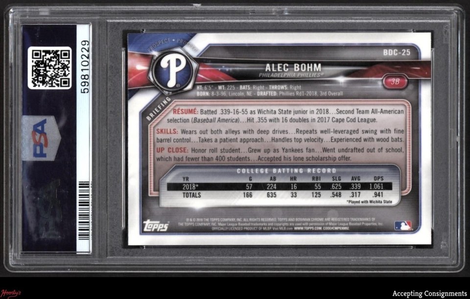 2018 Bowman Chrome Draft #BDC25 Alec Bohm 1st ROOKIE PSA 10 GEM MINT | eBay