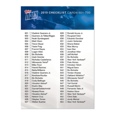 2019 Topps NOW Checklist 7 (#601-700) ~ Bryce Harper/Eduardo Escobar ...