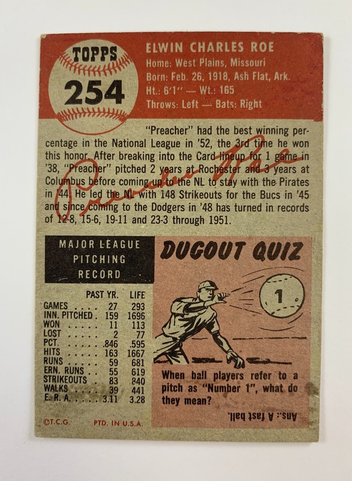 1953 Topps Baseball #254 Preacher Roe (Dodgers) 122E | eBay
