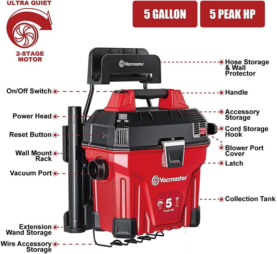 Vacmaster 5 Gallon 5 Peak HP Wet Dry Vacuum Cleaner Wall-Mounted Remote ...