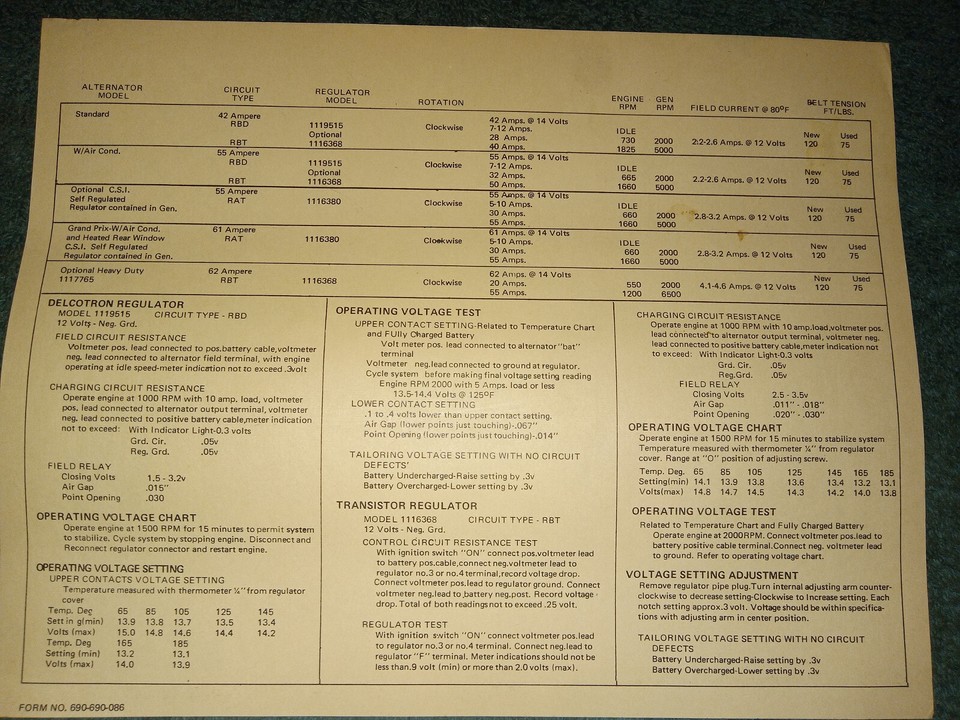 1969 PONTIAC GRAND PRIX 428 HO V-8 ENGINE SUN TUNE-UP CHART / WITH 4 ...