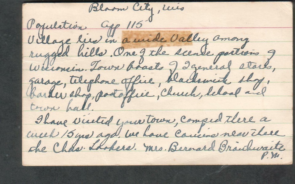 1943 post card DPO Bloom City WI Richland County to Hayward Wisconsin ...