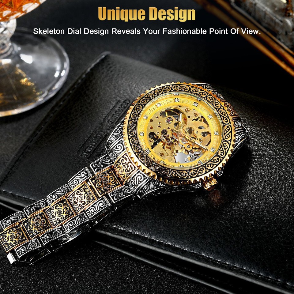 Luxury Men's Stainless Steel Automatic Mechanical Wrist Watch Gold Tone ...