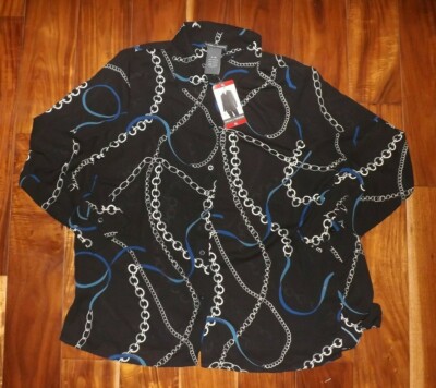 NWT Womens Chelsea & Theodore Navy Chain Link Sheer Top Blouse Shirt ...
