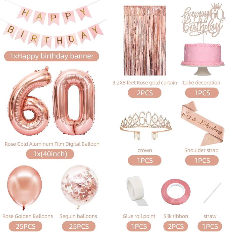 60Th Birthday Decorations for Women, Rose Gold 60Th Birthday Party Set ...