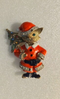 Vtg Signed JJ Santa Cat Xmas Tree Enamel Rhinestone Pin Brooch-For ...