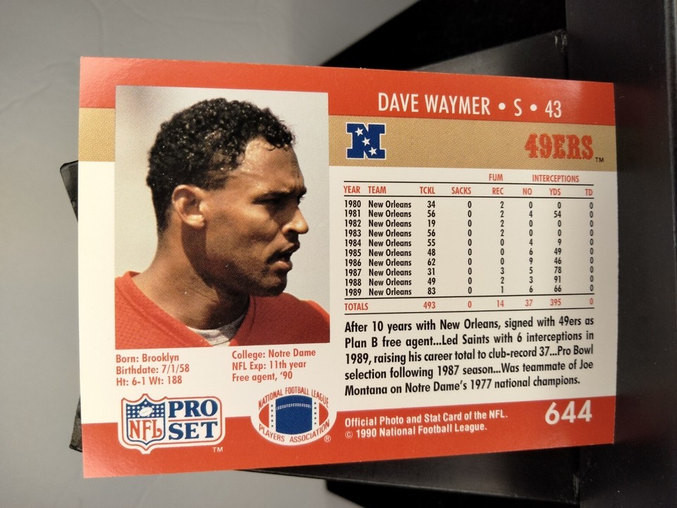1990 Pro Set Dave Waymer #644 San Francisco 49ers Safety Notre Dame | eBay