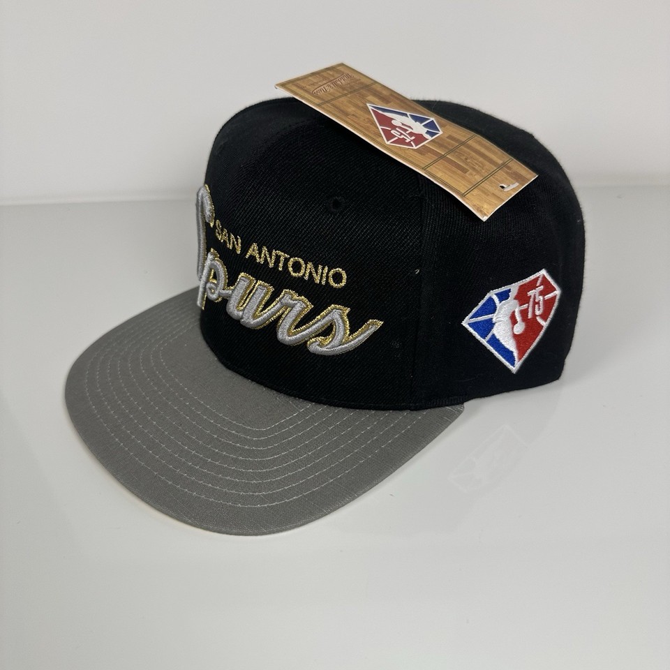 Mitchell & Ness San Antonio Spurs Snapback Hat Gold Script Gray Brim ...