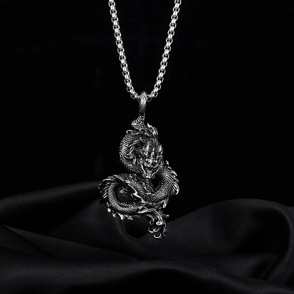 Chinese Asian Dragon Pendant Mens Women Silver Stainless Steel Chain ...