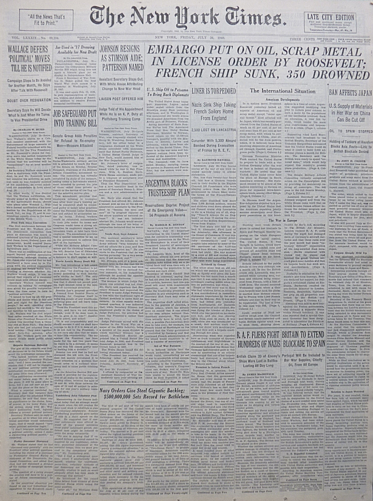 7-1940 WWII July 26 2,500 LOST ON LANCASTRIA 350 FRENCH SHIP - EMBARGO ...