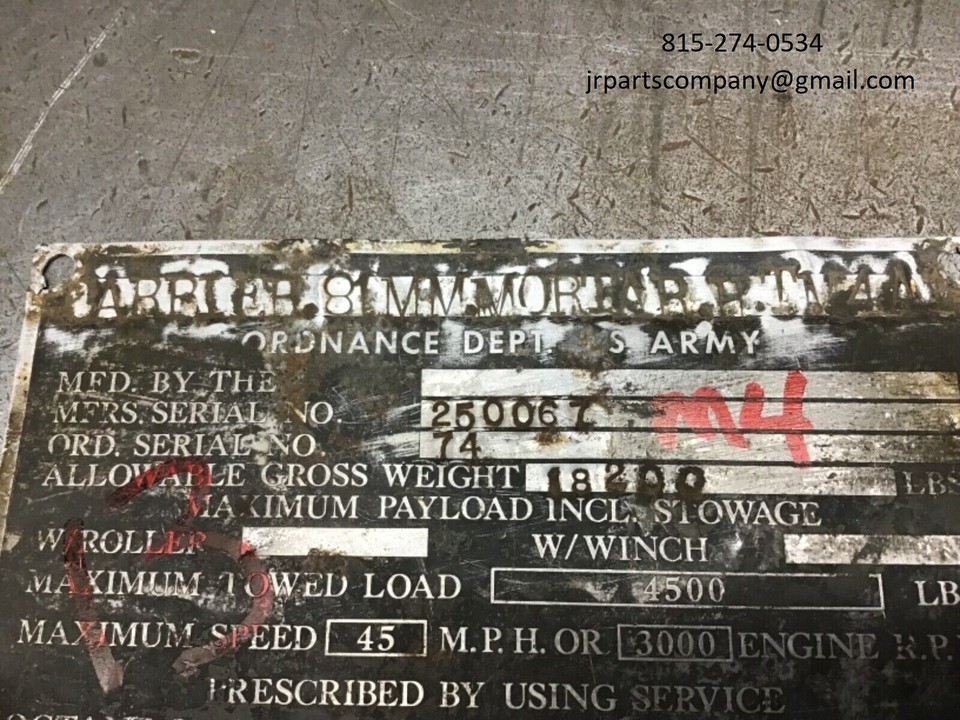 Half Track Main Dash Data Plate M-IV #13 (can’t use number four) | eBay