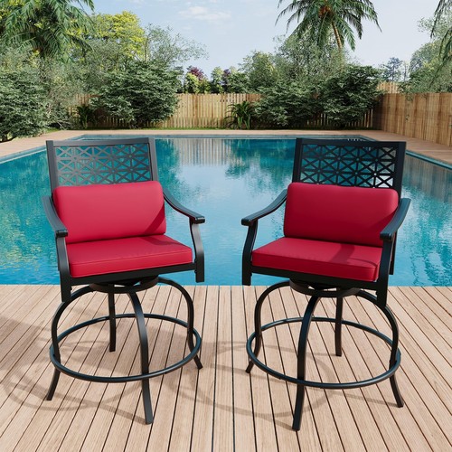 Outdoor Swivel Bar Stools Counter Height with Red Cushion, 2PCS Patio ...