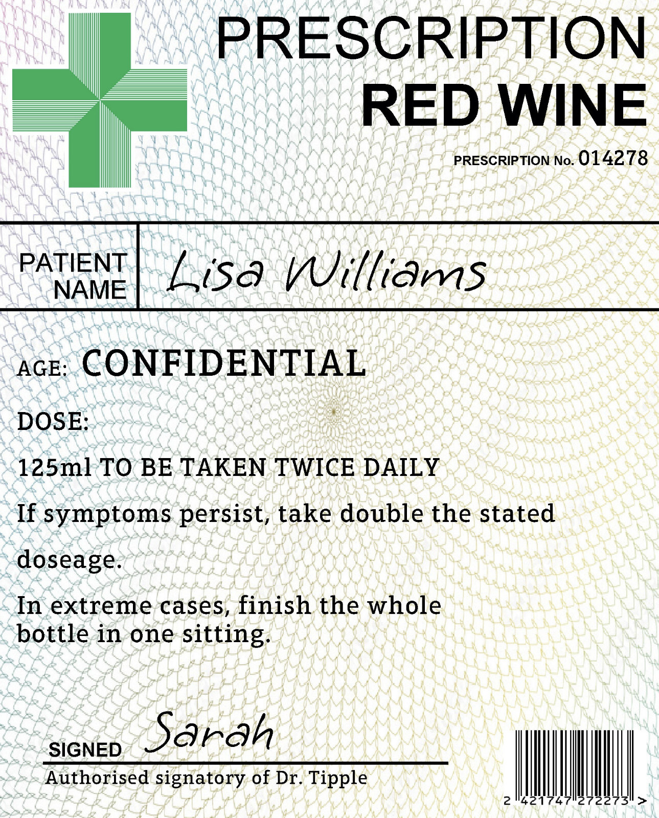 Personalised Red Wine Prescription Bottle Label - Pre-cut Glossy - Fun ...