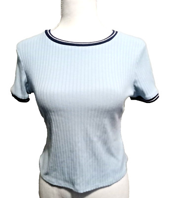 Light Blue Ringer Tee Ribbed Women Teen Shirt Summer Medium Forever 21 ...