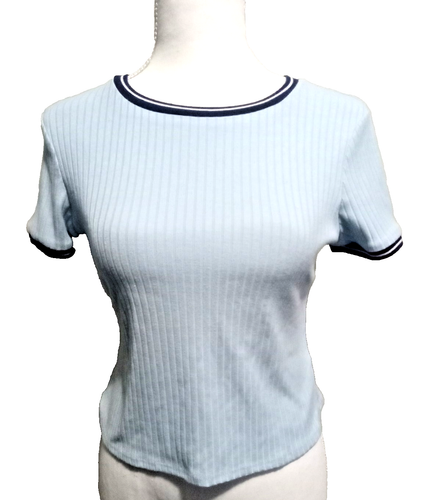 Light Blue Ringer Tee Ribbed Women Teen Shirt Summer Medium Forever 21 ...