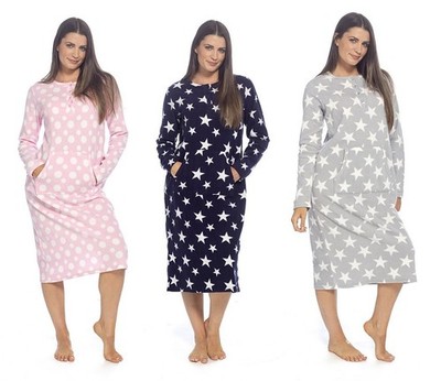 Ladies Soft Touch Polar Fleece Nightdress | Long Sleeve Button Placket ...