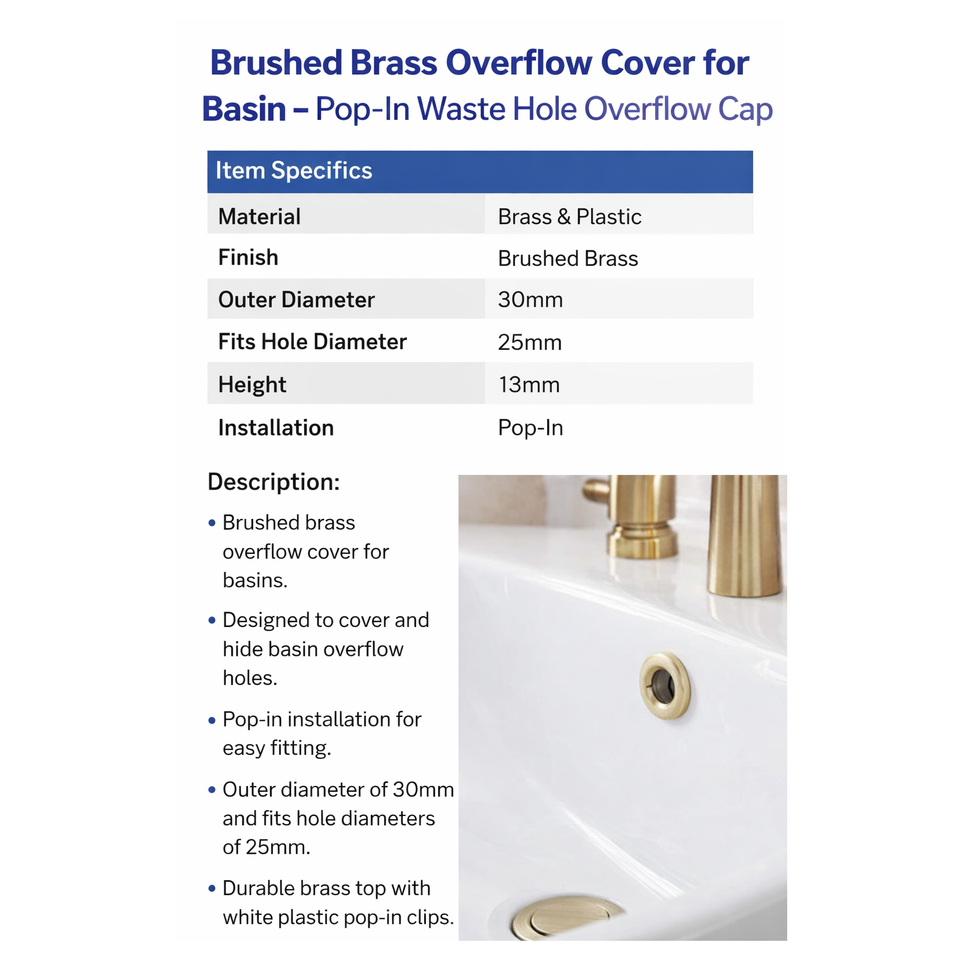 Brushed Brass Basin Overflow Cover Pop In Insert Cap 30mm For Sink ...