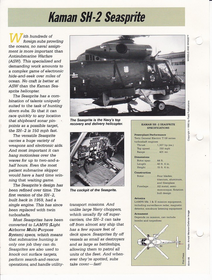 Kaman SH-2 Seasprite Navy "Sub Hunter" Helicopter Spec Sheet Fact Card ...