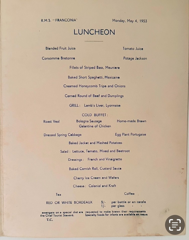 Monday May 4, 1953 - Cunard Lines - Ships Menus - RMS Franconia | eBay