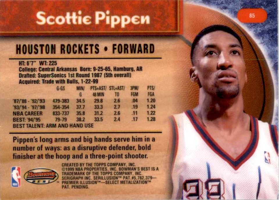 1999-00 Bowmans Finest SCOTTIE PIPPEN Houston Rockets #85 | eBay