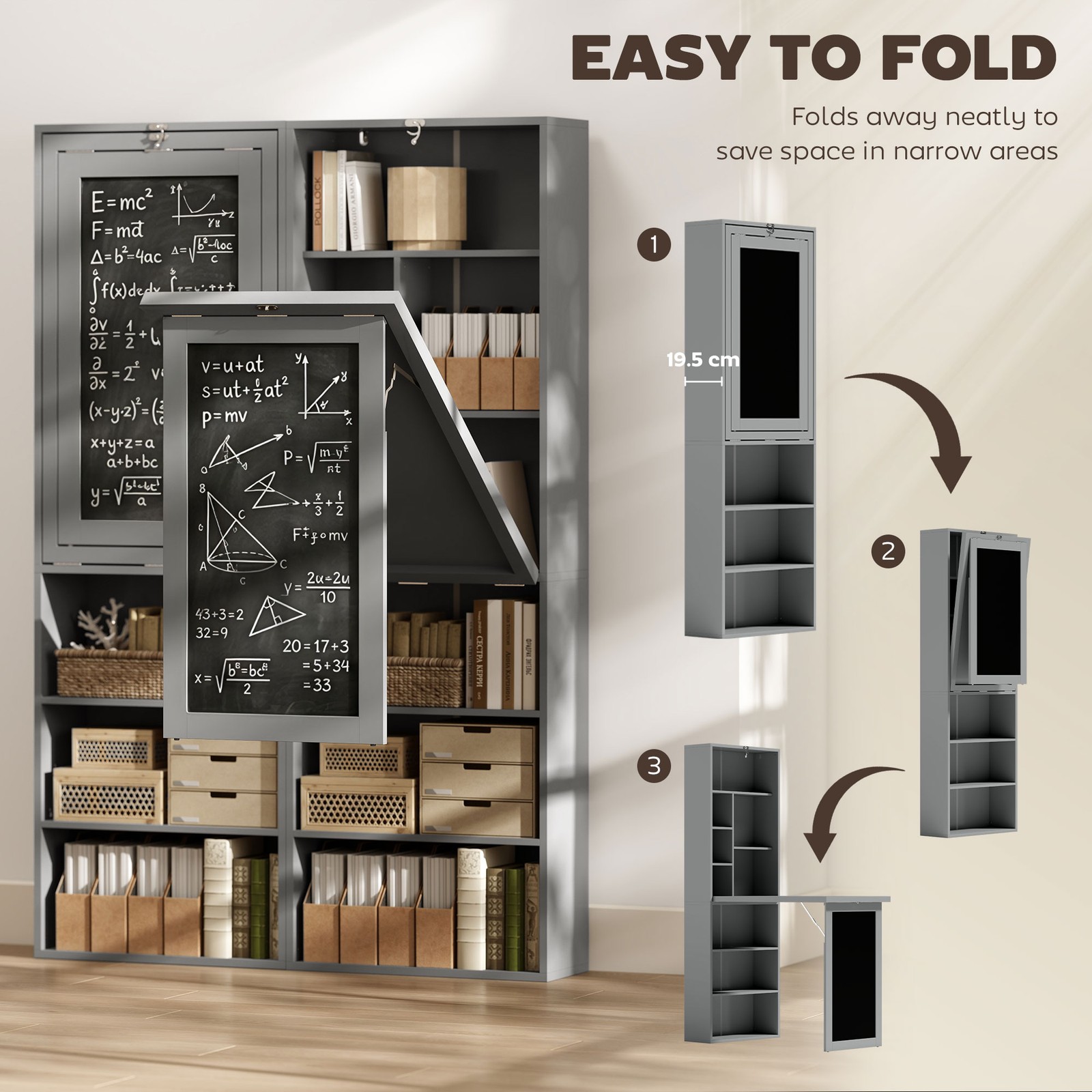 HOMCOM Folding Convertible Desk with Blackboard and Bookshelf, Grey ...