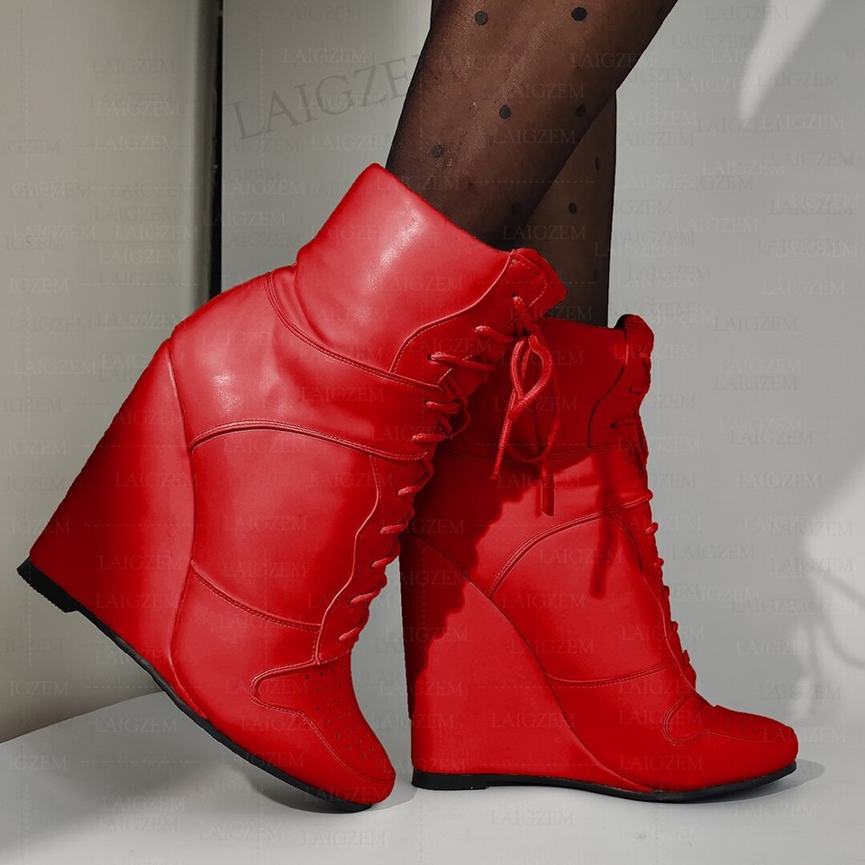 Women Ankle Boots Wedges Lace Up Faux Leather High Heels Short Booties ...