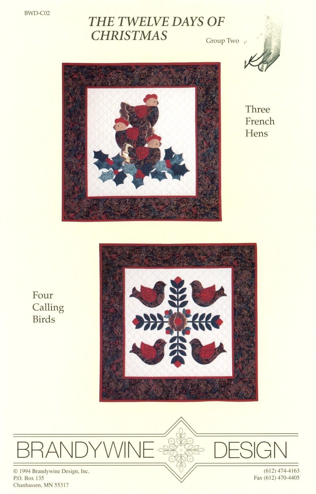 Brandywine Design 12 Days of Christmas QUILT PATTERN French Hens ...
