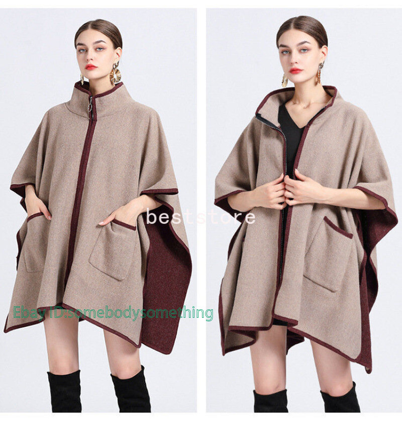 Zipper Women's Cape Oversized Cloak Faux Woolen Stand Collar Coat ...
