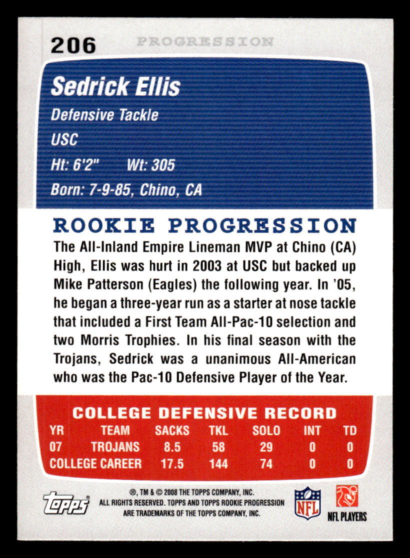 2008 Topps Rookie Progression - Sedrick Ellis #206 (RC) for sale online ...