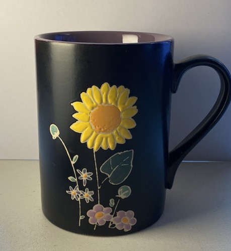 TAG COFFEE MUG BLACK W/ Embossed Sunflower W/smaller Flowers/Greenery ...