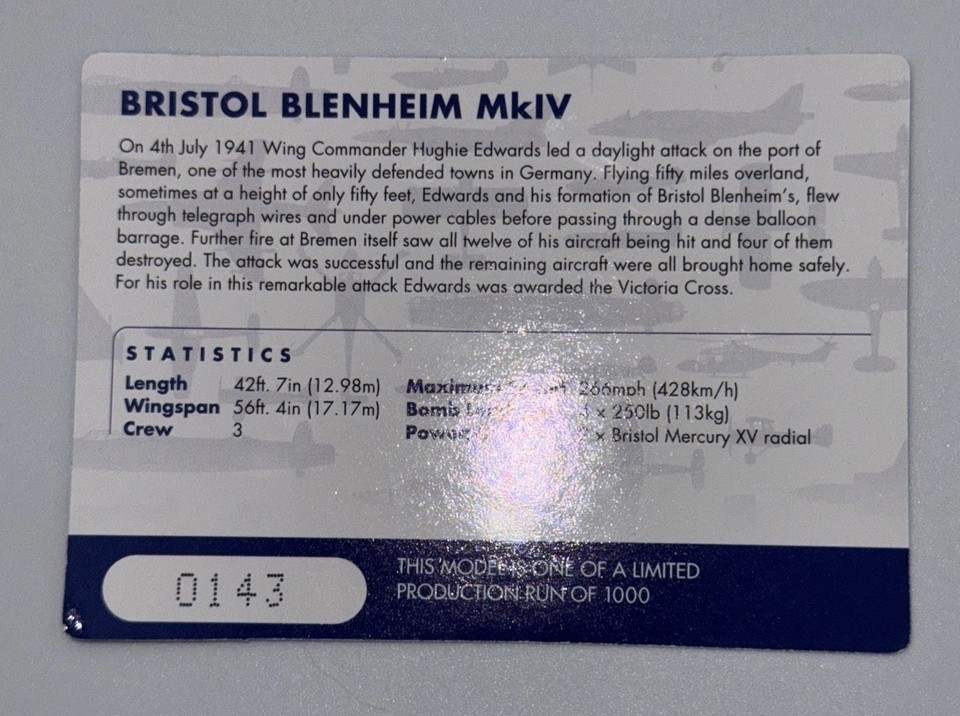 Corgi AA38407 1:72 Bristol Blenheim MkIV Hughie Idwal Edwards RAF ...