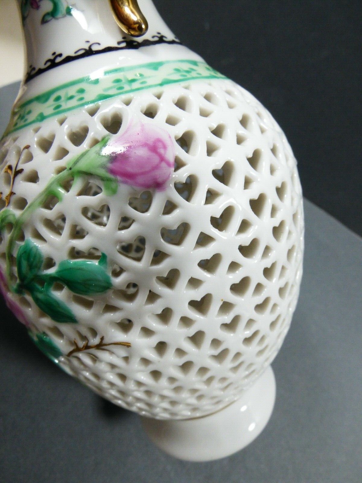 White Porcelain Rose Flower pattern Gold Handles Reticulated Pierced ...