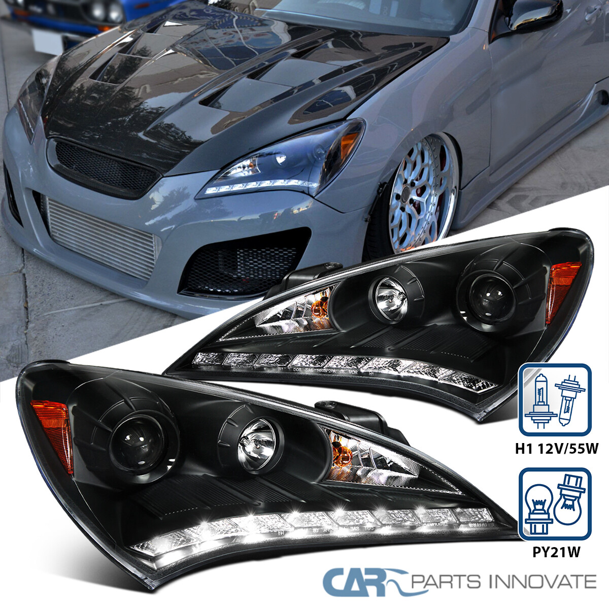 Black Fits 2010-2012 Hyundai Genesis 2Dr Coupe LED Strip Projector ...