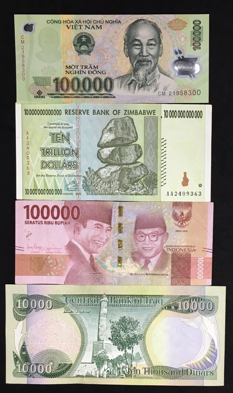 10,000 Iraq Dinar + 10 Trillion Zim + 100K Indonesia Rupiah + 100K ...