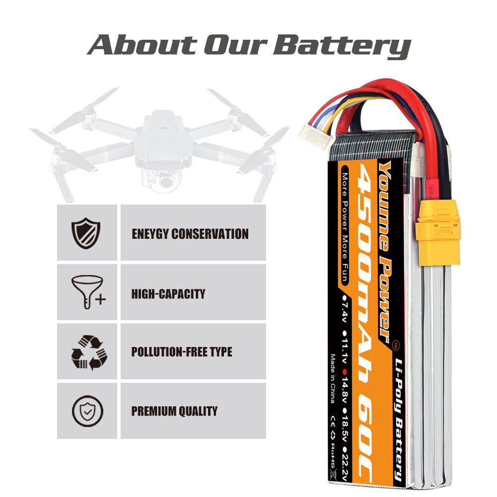 2pcs 14.8V 4S 4500mAh 60C XT90 Lipo Battery for RC Car Helicopter ...