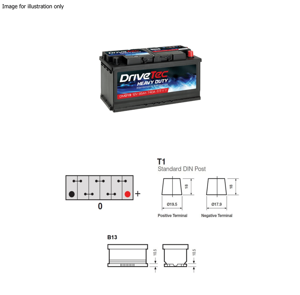 DriveTec Car Battery DM019 12V 95Ah 740A B13 T1 L5 Fits Vauxhall Vivaro ...
