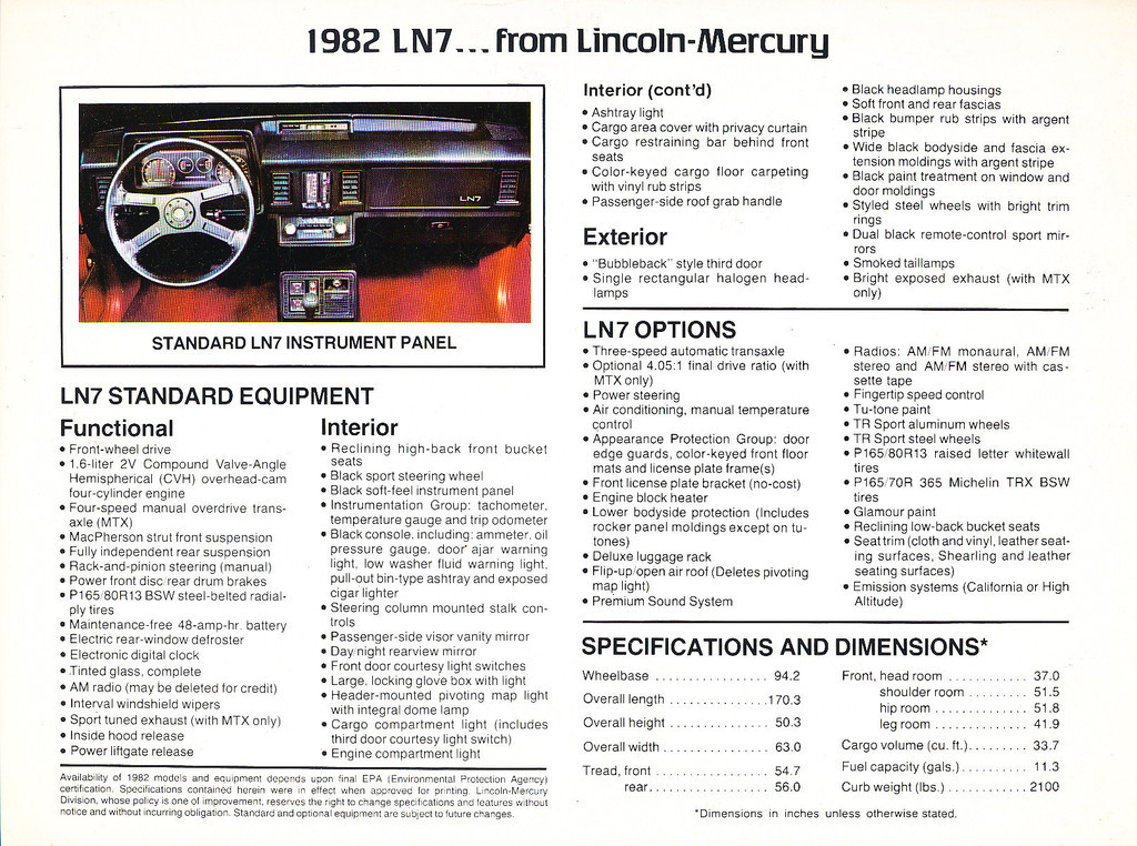 1982 Mercury LN7 Ford EXP like 1-page Original Car Brochure Fact Sheet ...