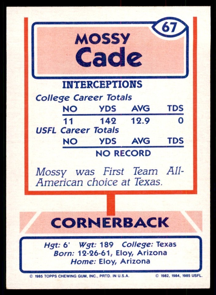 1985 Topps USFL Mossy Cade Football Cards #67 | eBay