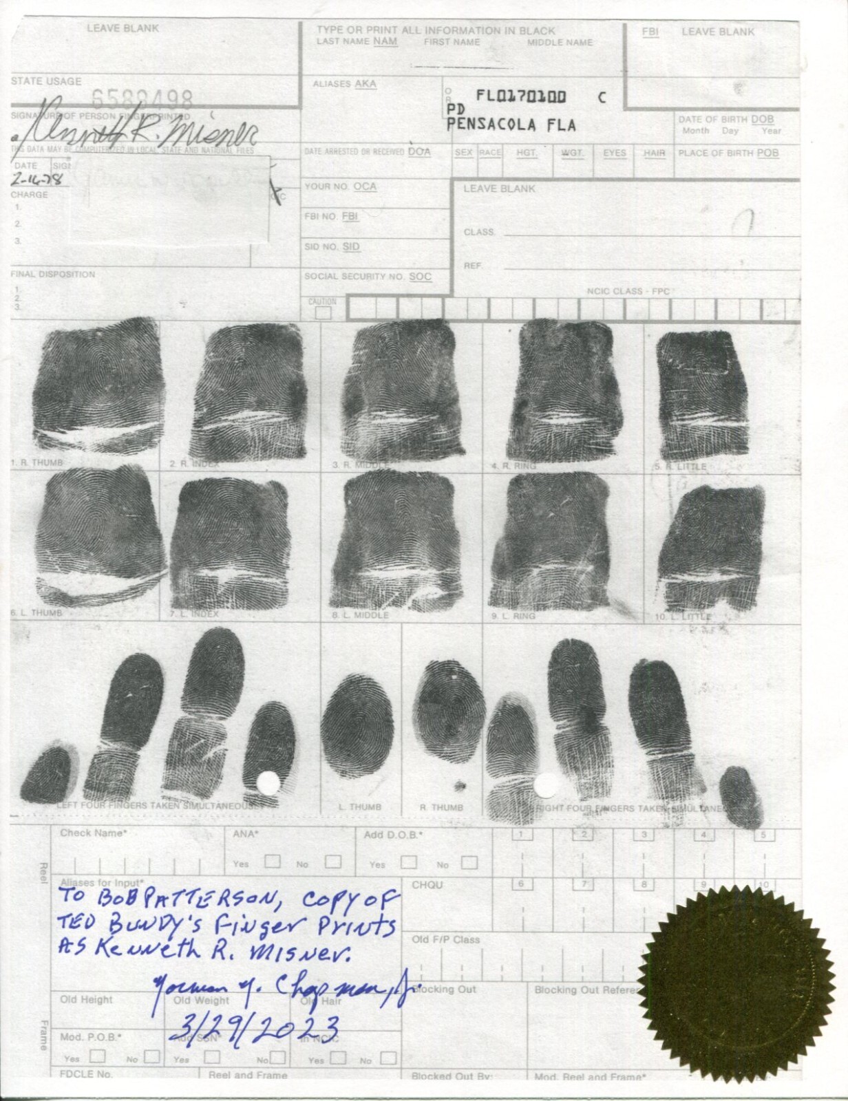 Police Chief Norman Chapman Who Arrested Ted Bundy Signed Autograph ...