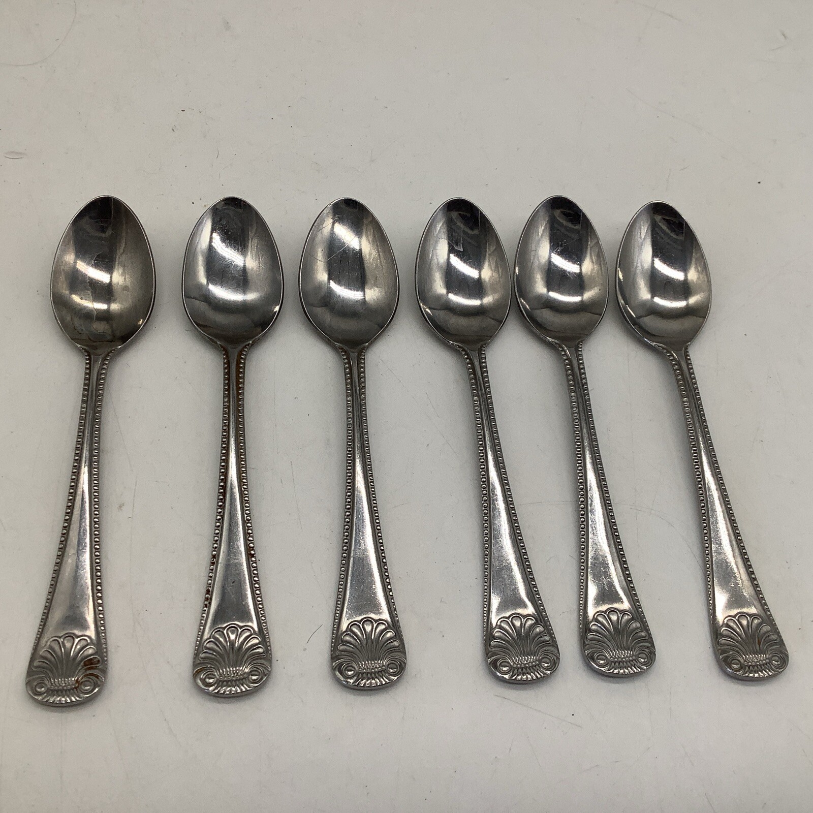 Lot Of 6 Demitasse Spoons Stainless Japan Beaded Shell Design 5” Stuart ...
