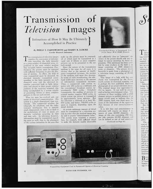 Transmission of television images,Philo Taylor Farnsworth,Harry R ...