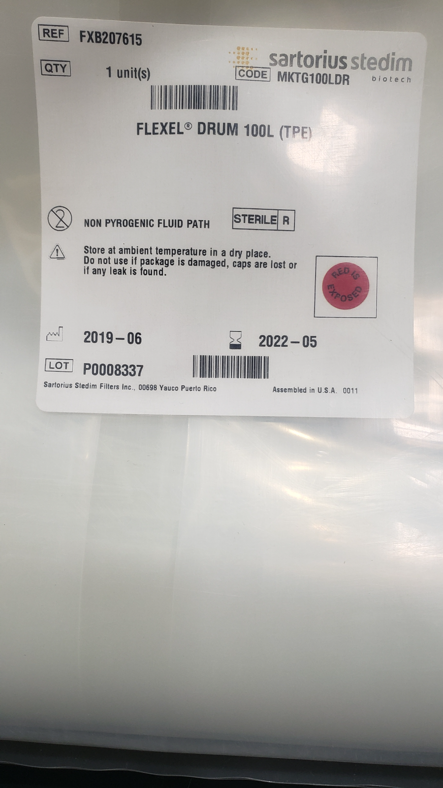 Sartorius FXB207615 Flexel Drum 100L 3D Bioprocessing Bag - Lot of 3 | eBay