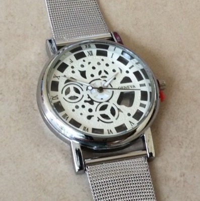 Geneva Silver Men's Watch Skeleton White Dial Silver Mesh Strap Band ...