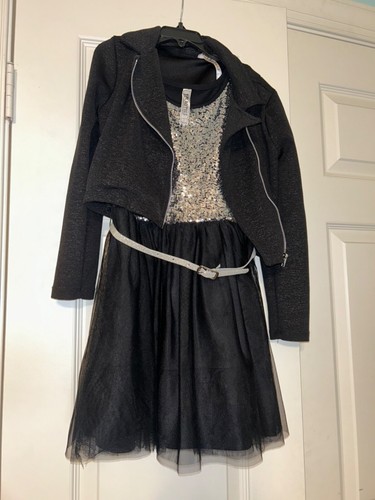 Girls Fancy Party Holiday Dress Beautees Black Silver Jacket Belt ...