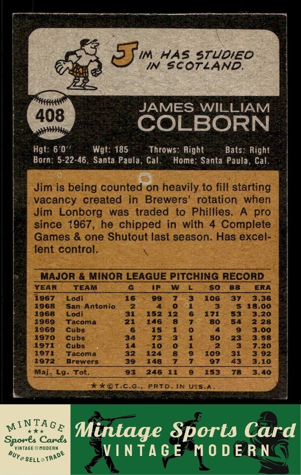 1973 Topps - Jim Colborn - #408 Milwaukee Brewers | eBay