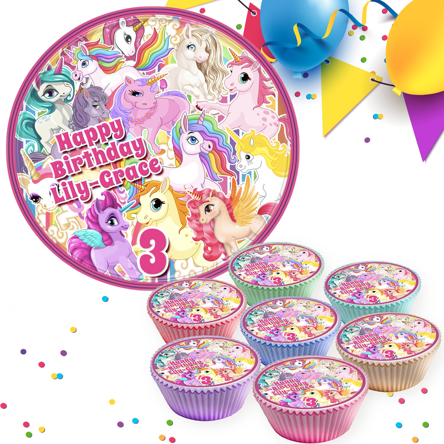 UNICORN MIX PINK BIRTHDAY PARTY PERSONALISED CAKE TOPPER & CUPCAKE ...