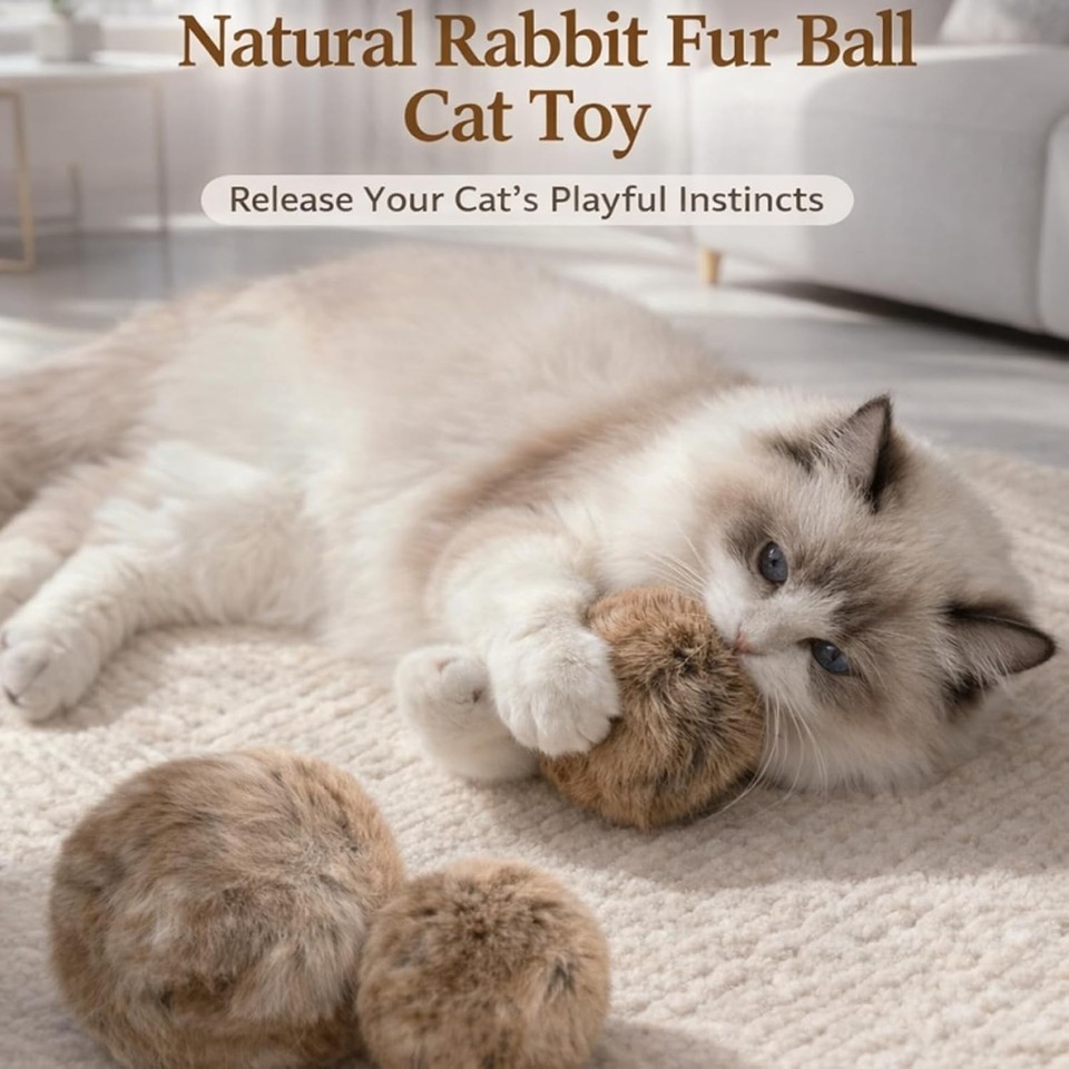 Rabbit Fur Ball Cat Toy,Real Fur Rabbit Cat Pom Pom Ball,Soft Furry Cat ...