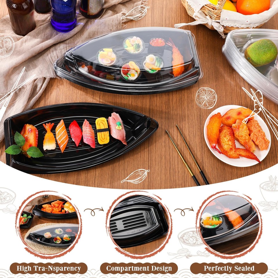 24 Pcs Sushi Boats Disposable Sushi Boat Box with Lid Sushi Plate Sushi ...