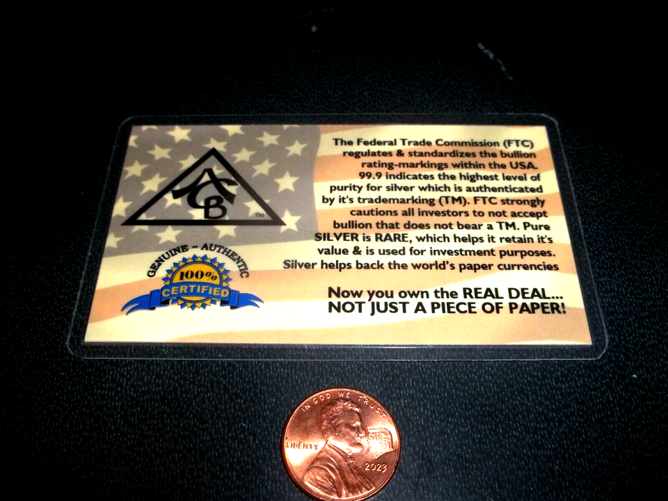 SILVER BAR ONE GRAIN, *****AMERICAN CERTIFIED BULLION ***** CERT CARD ...