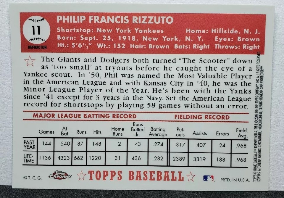 PHIL RIZZUTO 2002 Topps Chrome 1952 Reprints Refractor #52R7 Yankees | eBay